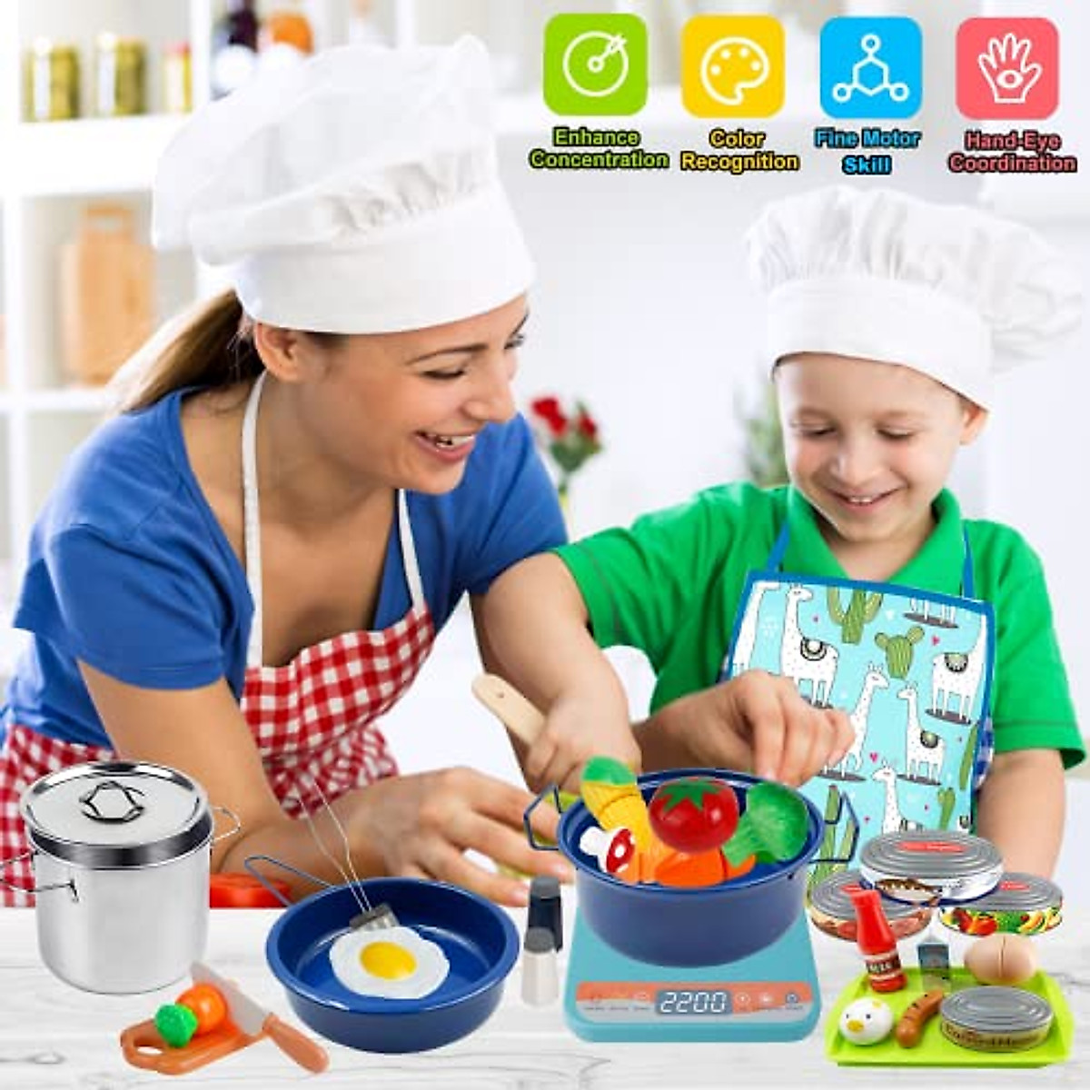 Holycco Pretend Play Kitchen Accessories Toys for Kids, Stainless Steel Play Pots and Pans Sets for Kids, Kids Kitchen Playset Accessories, Birthday Gift Toys for Girls Boys Ages 4 5 6 7 8