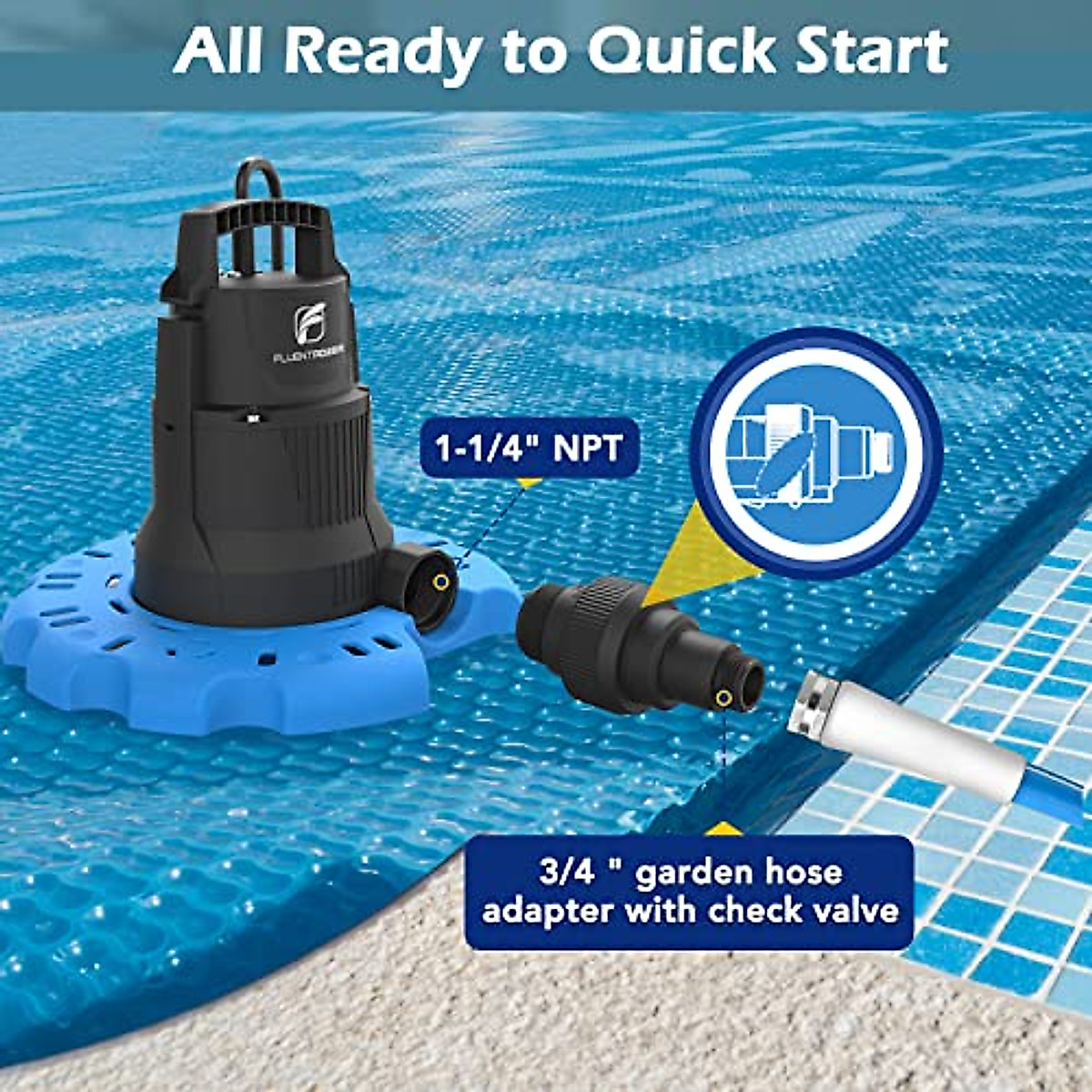 FLUENTPOWER Automatic Pool Cover Pump, 1/4 HP 2310GPH Submersible Water Removal Pump, with Check Valve Adapter, for Swimming Pool, Hot Tub, Boat Covers, Water Beds, Rooftop, Shallow Pit Water