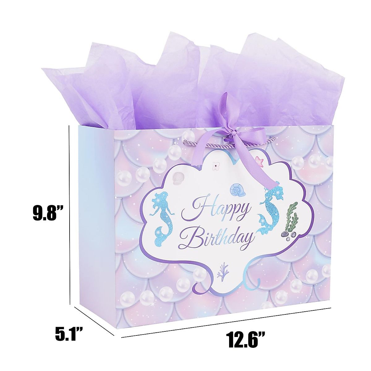 Linelglobal Large Mermaid Gift Bag with Wrapping Paper for Women Girl Birthday 12.6"