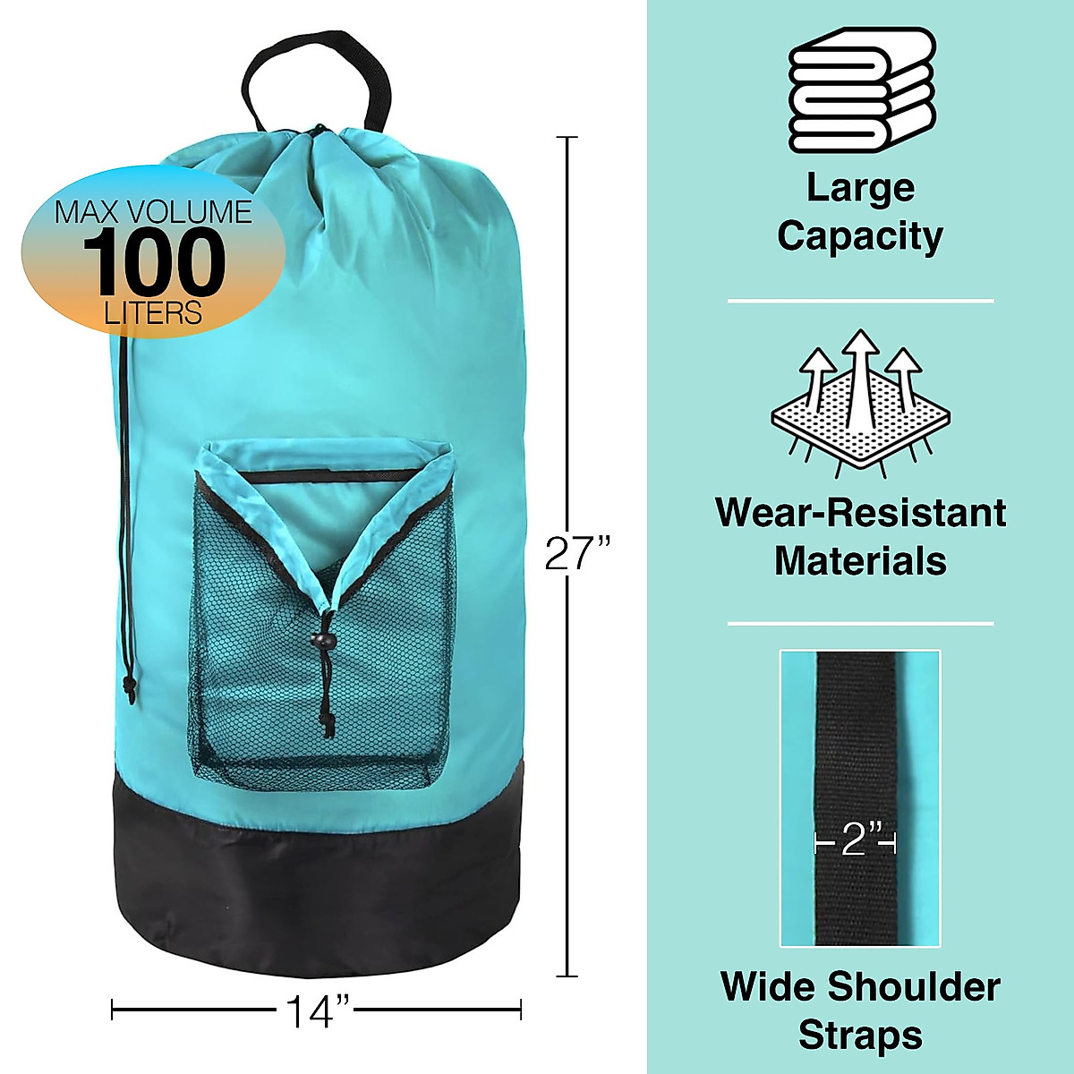 Laundry Bag Backpack with Shoulder Straps and Mesh Pocket Laundry Backpack Large Portable Laundry Hamper for College Laundromat Apartment with Drawstring Closure, Adjustable Back Straps (Turquoise)