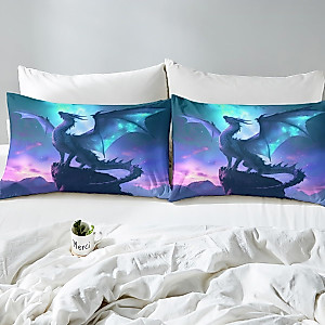 Dragon Duvet Cover Set Queen Size,Blue Purple Nebula Galaxy Bedding Set Kids Boys Girls Room Decor,Mountain Wildlife Nature Comforter Cover 3Pcs,Western Magical Dragon Bedspreads Cover,2 Pillowcases