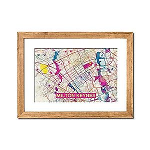 Brown Frame - Wooden Framed - Milton Keynes (England, UK) Artistic Modern Map - Photo Poster Art Print Gift