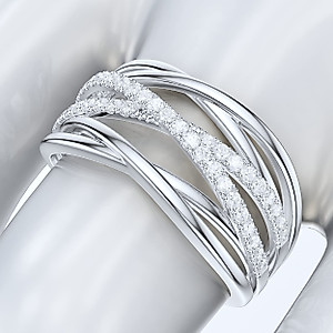 PRSTANI 10K White Gold 10mm Wide Multi-Row Crossover Fashion Genuine Moissanite Pave Ring Wedding Band (5)