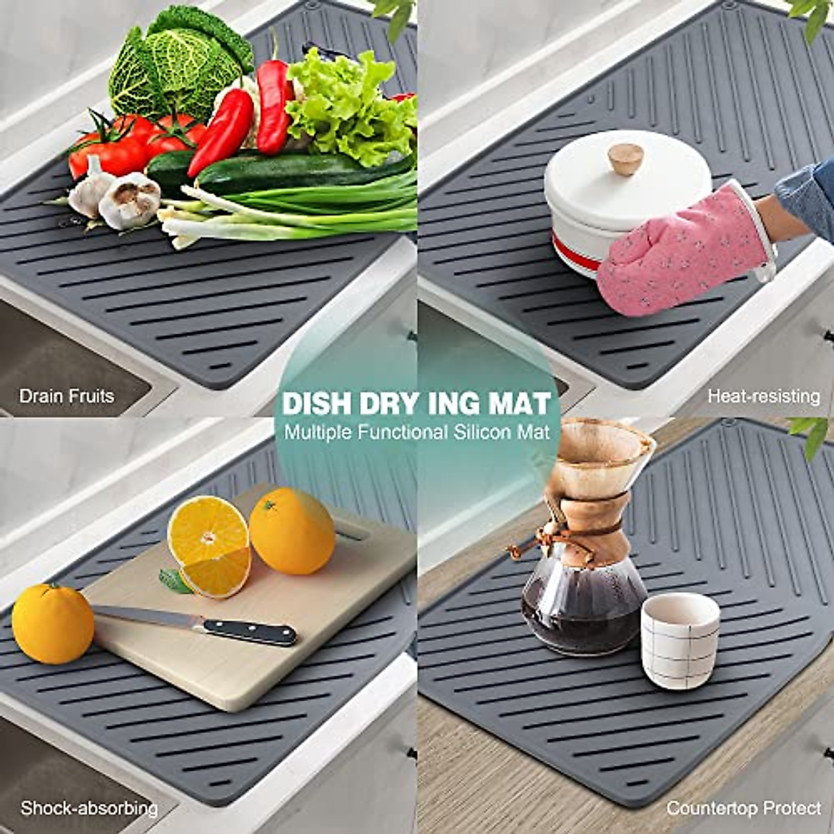 IYYI Silicone Dish Drying Mat XL(24" x 15") Dish Draining Mat for Kitchen Counter, Easy Clean, Heat Resistant, Large Drainer Mat (Gray)