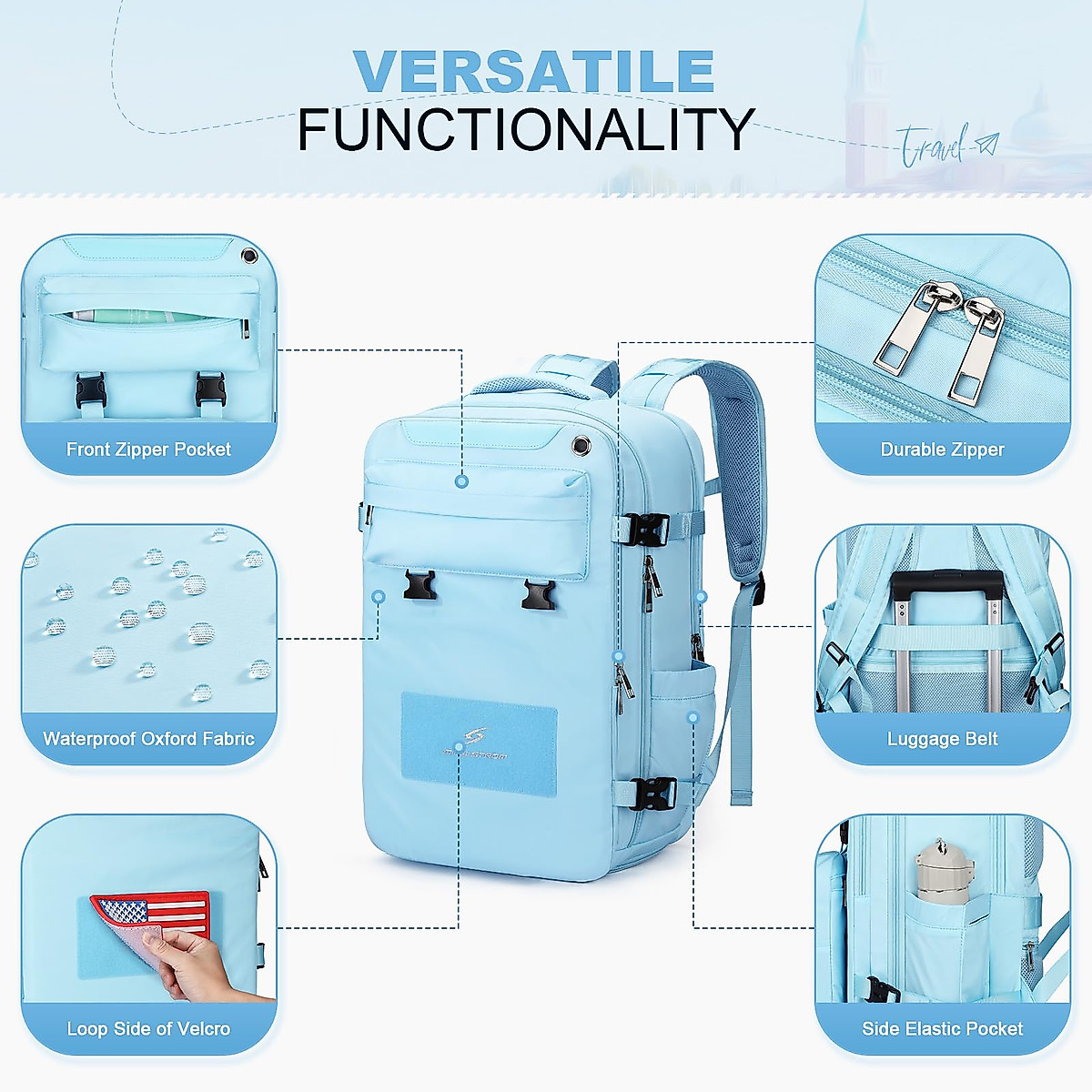 Maelstrom Travel Backpack for Women Men,35L Laptop Backpack Fits 17-Inch Laptop,Waterproof Carry On Backpack for Airplanes with Detachable Crossbody Bag&Shoe Compartment,Light Blue, Large