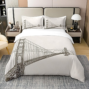 Golden Gate Bridge 100% Natural Cotton Duvet Cover Queen, San Francisco Bedding Set, Hand Drawn American Theme Architecture Comforter Cover, Ocean Mountain Bedroom Decor Vintage Grey Quilt Cover
