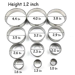RIHAI Stainless Steel Round Cookie Cutter Set, 12 Circular Biscuit Cutters Round Donut Ring Molds for Baking 1.2 Inch Height