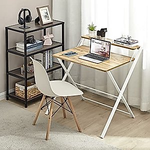 GreenForest Folding Desk No Assembly Required Fully Unfold 32 x 24.5 inch, 2-Tier Small Computer Desk with Shelf Space Saving Laptop Study Foldable Table for Small Spaces, Oak