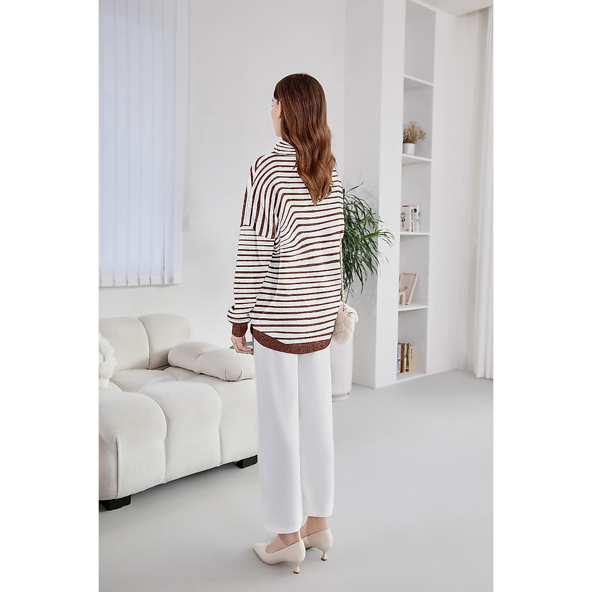 Women's Turtleneck Long Sleeve Striped Oversized Ribbed Knit Pullover Sweater Tops