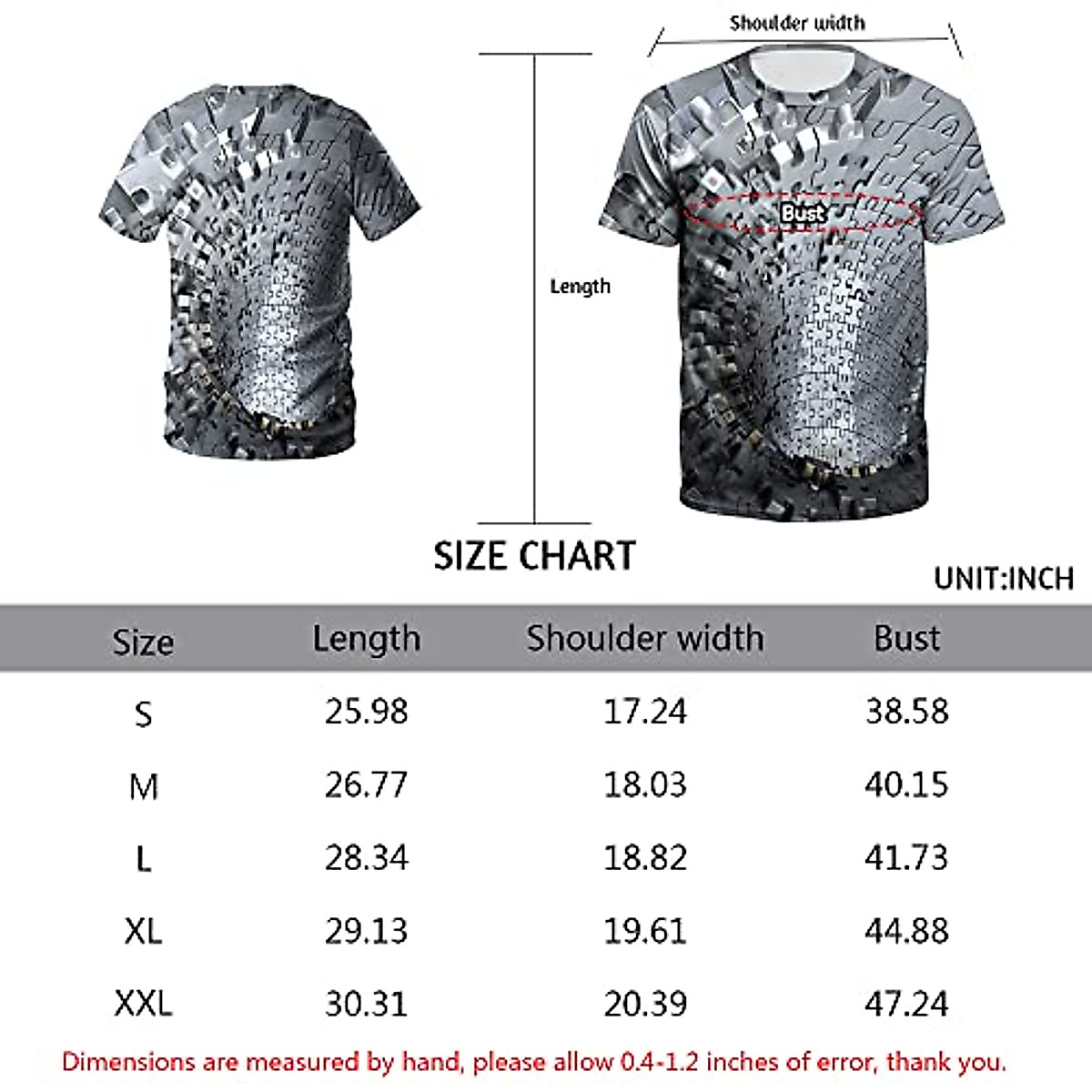 Men's Novelty T Shirt 3D Puzzle Swirl Printing Pattern Shirts Round Neck Casual Short-Sleeved for Men Grey