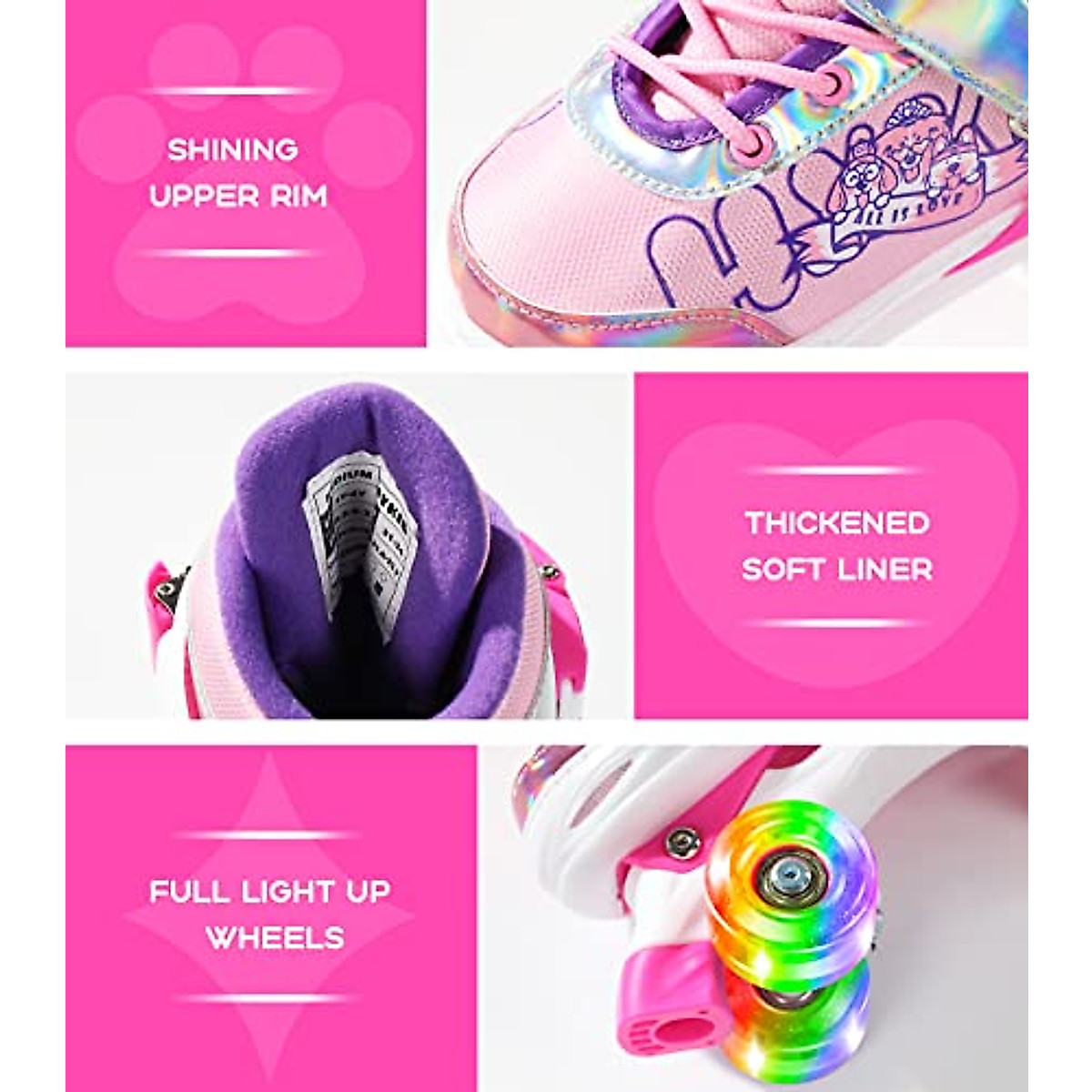 HYKID Paw Stars 4 Size Adjustable Roller Skates with Light Up Wheels,Safe for Girls Kids Toddler, Trimmable Insole Included (Small)