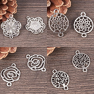 SUNNYCLUE 1 Box 60pcs Assorted Connector Charms Flower Tree of Life Charms Dream Catcher Antique Silver Chakra Heart Linking Connectors Charm for Jewelry Making Charms DIY Craft Supplies Accessories
