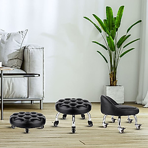 OBMMIRAO Pedicure Stool Low Roller Seat Wheel Stool,Swivel Stool Round Stool with Wheels, Black Low Chair with Wheels,PU Leather (Black StyleB)