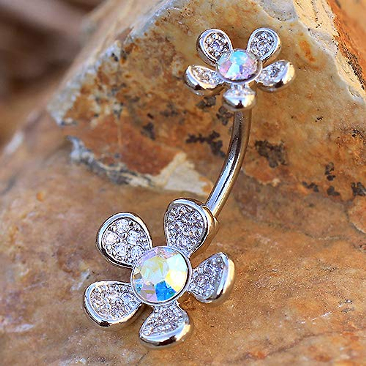 Dynamique 316L Surgical Steel Double Rainbow Flower Belly Button Ring (Sold Per Piece)