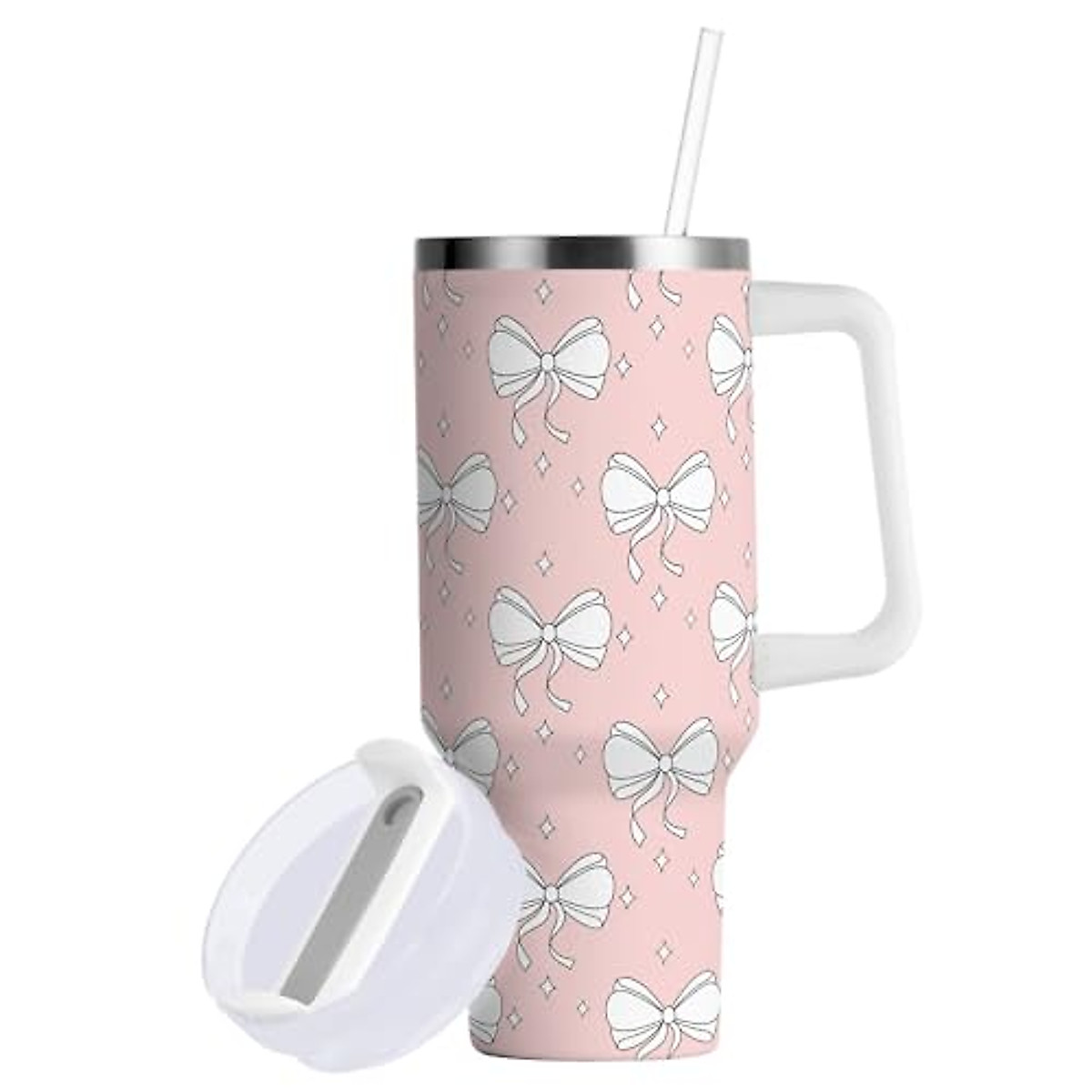Bseiialft 40 oz Tumbler with Handle White Bow Star Pink Water Bottle with Lid and Straw Vacuum Insulated Cup Stainless Steel Travel Coffee Mug for Home Office Car