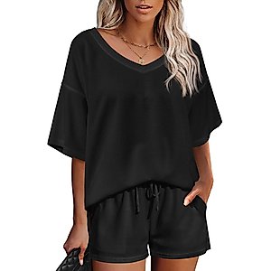 Ekouaer Womens 2 Piece Short Sleeve Waffle Knit V Neck Off Shoulder Casual Loose Fit Sweatsuit Outfits Black L