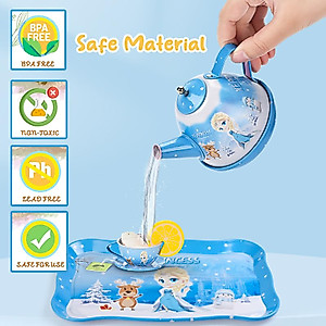 Lajeje 52Pcs Tea Party Set for Little Girls-Frozen Toys for Girls, Elsa Princess Tea Party Set for Little Girls, Kitchen Pretend Toy with Tin Tea Set, Desserts, Birthday Gift for Age 3-6 Year Olds