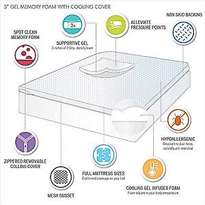 Sleep Philosophy Gel Infused Memory Foam Mattress Topper Luxurious All Season Enhanced Bed Support, Queen(3" Thick), Removable Cooling Cover