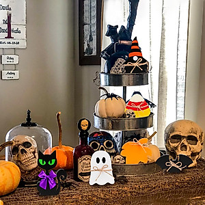 JOICEE Halloween Tiered Tray Decorations, 6Pcs Halloween Wooden Table Sign, Black Cat Ghost Bat Candy Corn Freestanding Table Shelf Farmhouse Rustic Signs for Halloween Home Indoor Décor.