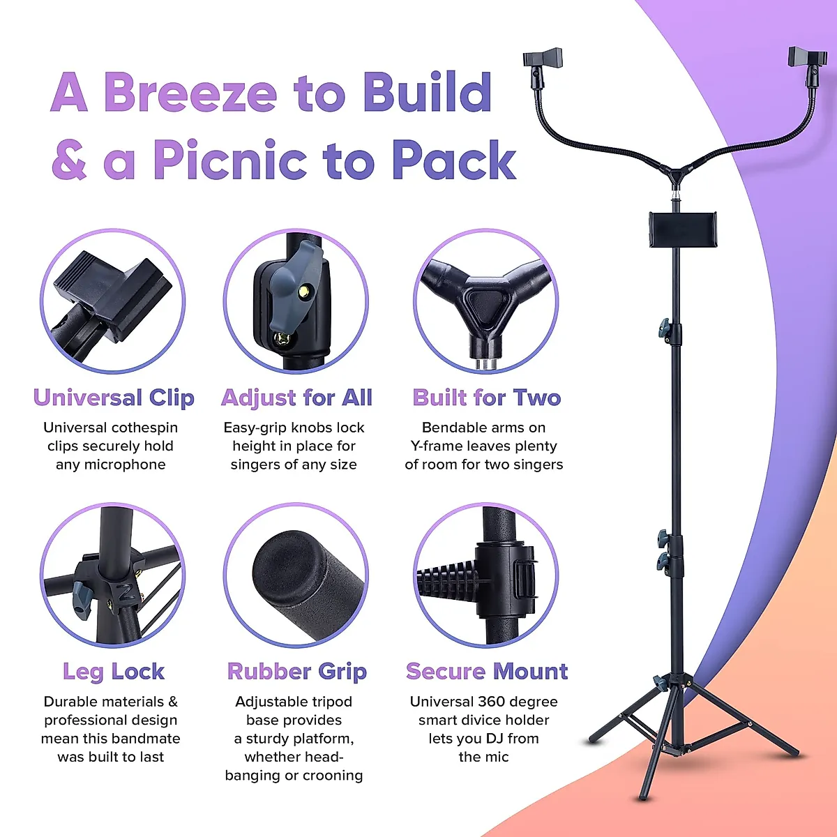 MASINGO Double Microphone Stand – Adjustable from 2.4ft to 6ft Inches High – with Two Bendable Arms and Smart Device Holder – Stand Up Tripod Base (Black) 2022 Model