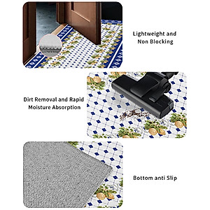 KITHOME Front Door Mat Blue Tile Background Lemon Floral Indoor Outdoor Entrance Doormat Washable Floor Mats for Front Door Bathroom Kitchen Runner Rugs 16x47 Inch
