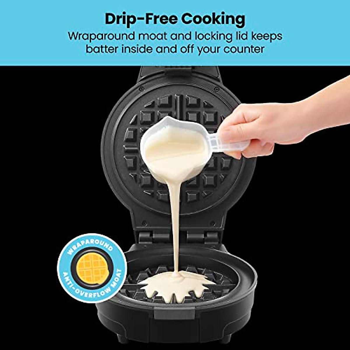 Chefman Anti-Overflow Waffle Maker, Belgian Waffle Iron with Seven Crunch Selector Settings, Mess-Free Moat Catches Excess Batter, Nonstick Electric Single Griddle Mold Makes 6-Inch Round Waffles