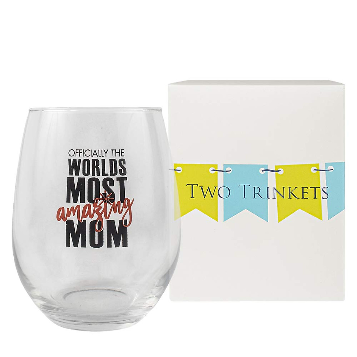 TWO TRINKETS Officially the Worlds Most Amazing Mom Stemless Wine Glass, 15 oz. Black & Orange