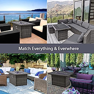 Rectangular Fire Pit Table, 40 inch Propane Fire Pit Table, PE Wicker, Fire Stone Wind Guard Rain Cover Included, Hidden Tank Holder, Black Tempered Glass Tabletop, 55,000 BTU