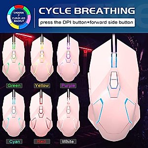 Pink Keyboard USB Gaming Keyboards and Mouse Combo, GT817 104 Key Rainbow Backlit Keyboard and Mouse Set, Computer Keyboard USB Wired Mouse for Windows PC Gamers (White & Pink)