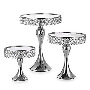 ELLDOO Set of 3 Crystal Wedding Cake Stands, 8/10/12 Inch Silver Round Cake Display Stand Pedestal, Metal Cupcake Stand Dessert Stand for Parties Birthday Baking Party Baby Showers Anniversary