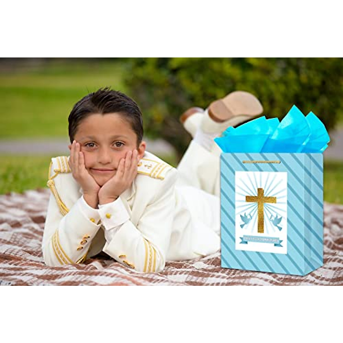 FLYAB First Holy Communion Gift Bag for Girls Boys 11.5" Easter Religious Cross Christian Gift Bag with Tissue Paper Baptism Gift Bag with Handle Christenings Confirmations Gifts for Baby Boys Girls