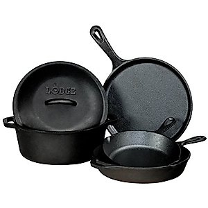 Lodge Seasoned Cast Iron 5 Piece Bundle. 10.5" Griddle, 8" Skillet, 10.25" Skillet, 10.25" Dutch Oven, and 10.25" Lid