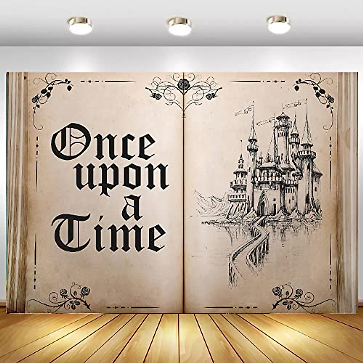 Fairy Tale Books Backdrop Once Upon a Time Backdrops Ancient Castle Princess Romantic Wedding Birthday Party Decorations Magic Book Background Banner Props 5x3FT