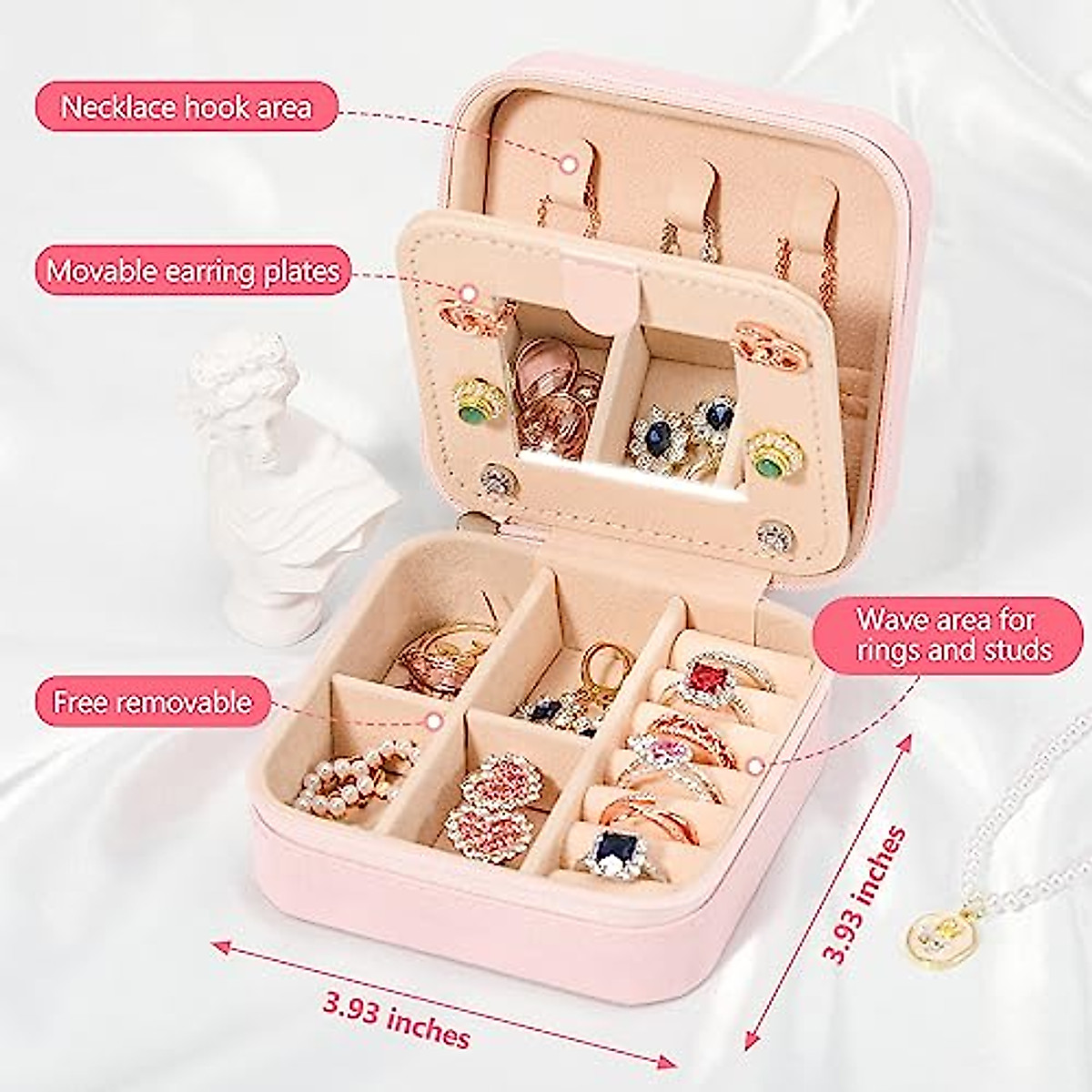 CHMI Travel Jewelry Case, Pink Travel Jewelry Box, Travel Jewelry Organizer, Travel Gifts for Women Girls, Jewelry Organizer Box, Birthday Gifts for Women, Christmas Gifts for Teens Girls - Initial A