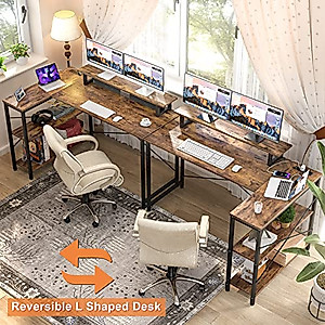 Homieasy L Shaped Computer Desk with LED Strip & Power Strip, 55 Inch Corner Desk with Monitor Stand Reversible Storage Shelves, Modern Simple Home Office Gaming Desk with Storage Bag(Rustic Brown)