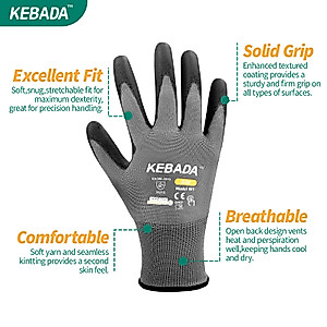 Kebada W1 Work Gloves for Men and Women with Grip,12 Pairs Bulk Pack Mechanic Gloves,PU Coating on Palm & Fingers,Breathable Mens Gardening Touchscreen,Lightweight,Gray Large