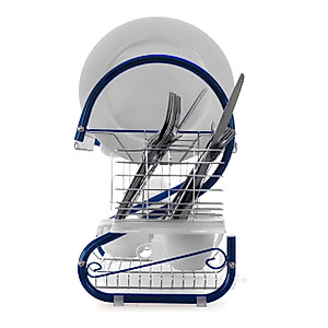 Megachef Iron Wire Contemporary Dish Drying Rack with Included Hangers, Utensil Compartment, and Drip Tray, 16 Inch, Blue and Silver Chrome