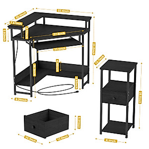Black Corner Desk with Side Table and Drawer, Gaming Desk with Power Outlet, Computer Desk with Keyboard Tray and Monitor Shelf, Home Office Desk with Storage Shelves