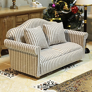 iLAND Miniature Wooden Dollhouse Furniture Set: Sofa, Cabinets, Coffee Table for Dollhouse Living Room (Classic Doll Furniture 7pcs)