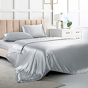 Satin Bed Sheets Full Size Sheet Sets, Silver Grey Silk Sheets, 4 - Pieces Soft Bedding Set with 1 Deep Pocket Fitted Sheet,1 Flat Sheet,2 Pillowcase