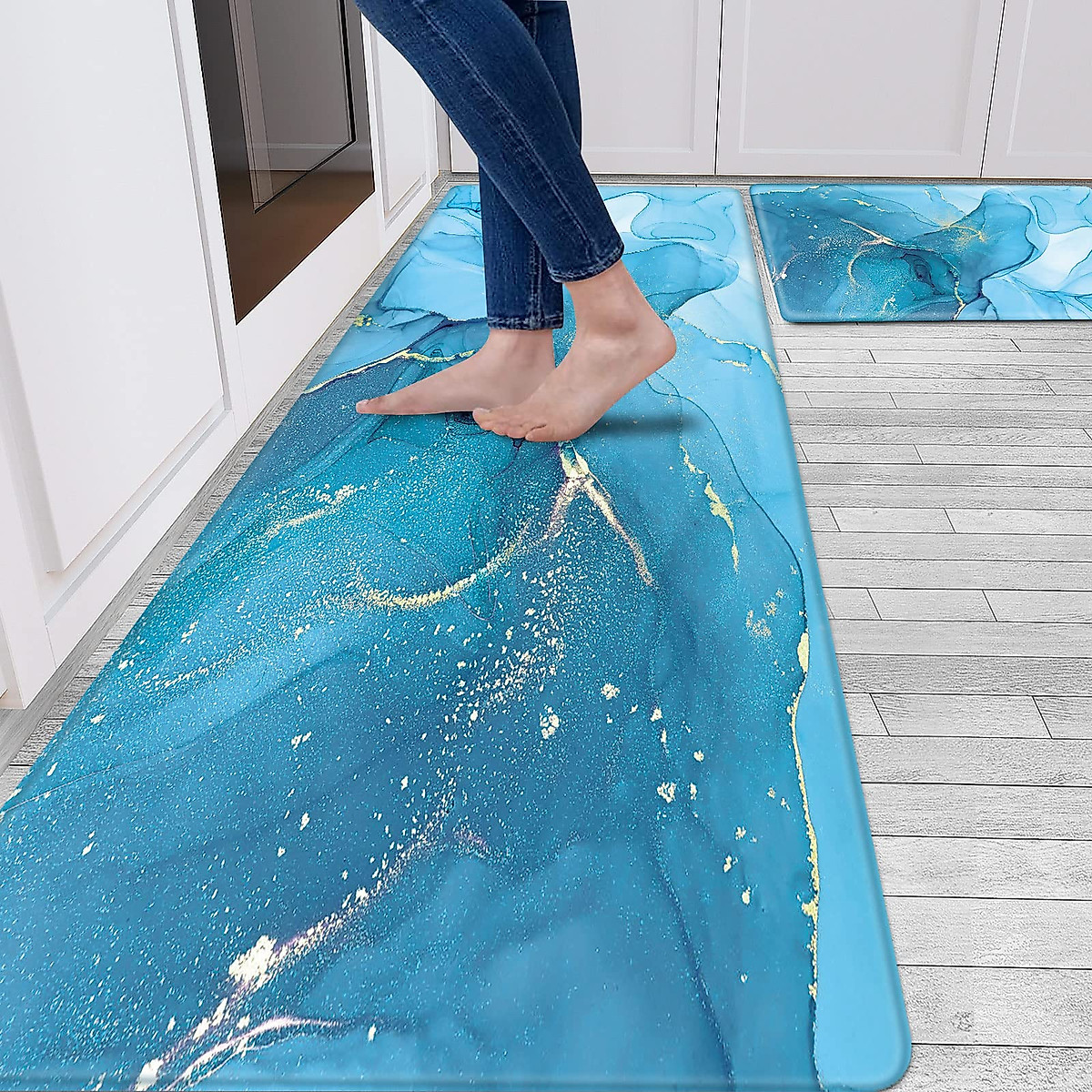 Sofort Kitchen Mat, Cushioned Anti Fatigue Kitchen Rug, Set of 2 Non Slip Waterproof Blue Marble Kitchen Mats for Floor, Comfort Standing Mats for Kitchen, Office, Sink, Laundry