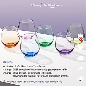 ColoVie Stemless Martini Glasses Set of 6 and Colored Stemless Wine Glasses Set of 6, Colorful Glassware, Drinking Glasses Set, Large Stemless, Red Wine, White Wine
