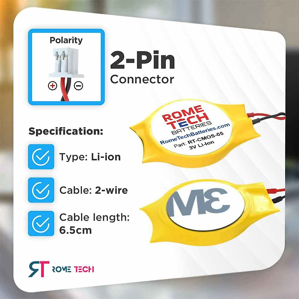Rome Tech CMOS BIOS Battery for Dell Latitude 7400 (Not for 2-in-1 Version) / Dell Latitude 7480 / Dell Latitude D820 - Laptop Backup 3V RTC CR2032 Battery with 2 Wire Cable