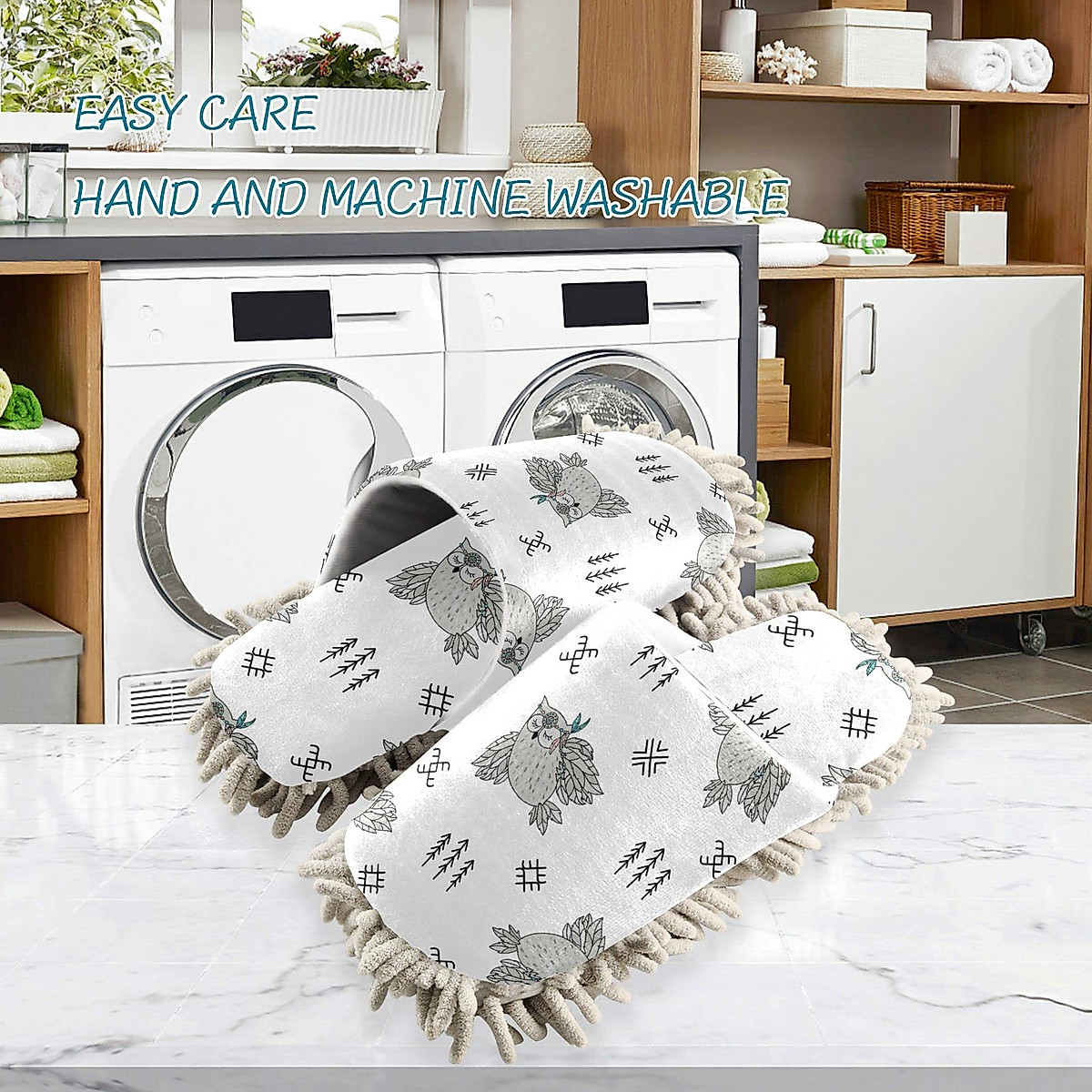 Happy Thanksgiving Owl Animal Mop Slippers Shoes Cover for Floor Cleaning Washable Hair Dust Dirty Cleaners Microfiber Mop Socks for Office House Kitchen