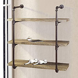 YU YUSING 3 Tier Industrial Pipe Wall Shelf, Rustic Floating Bar Shelves, Wood and Metal Bookshelves for Bedrooms, Bathroom and Kitchens Shelving