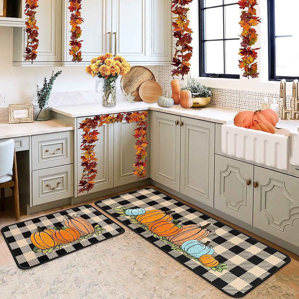 Buffalo Plaid Pumpkin Fall Decorative Kitchen Rugs Set of 2,Non Skid Washable, Home Seasonal Fall Holiday Party Autumn Harvest Thanksgiving Kitchen Mat 17"x47"+17"x30"
