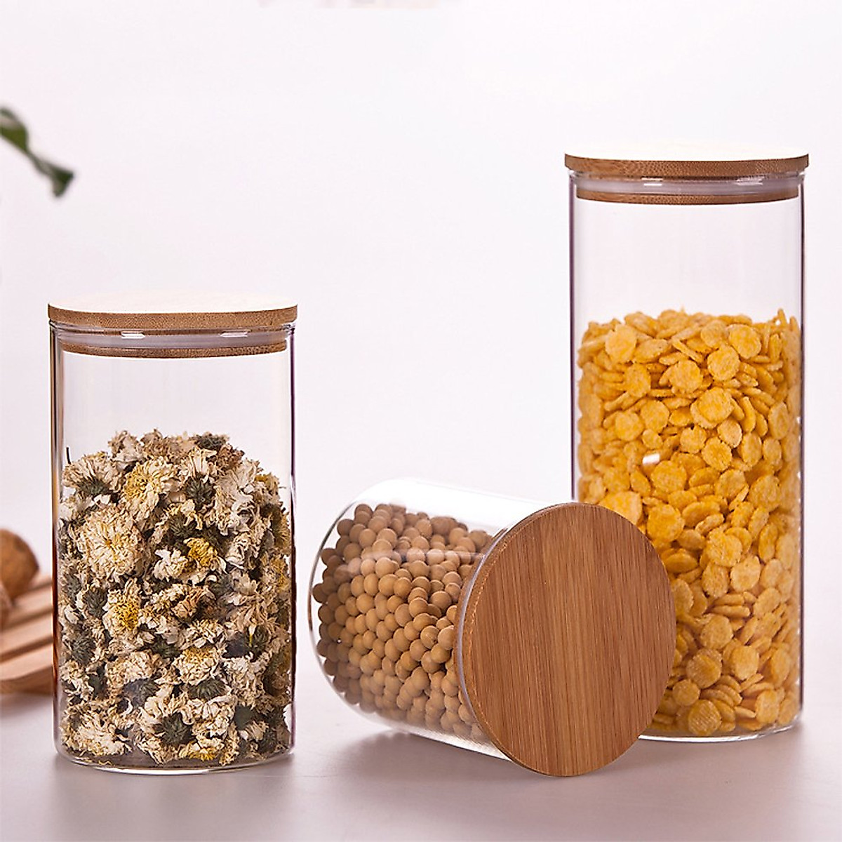 Newerlives Air Tight Storage Jar, Glass Storage Tank with a Natural Bamboo Lid, 450 ML, 650 ML, 950 ML (Bamboo, 450ML)