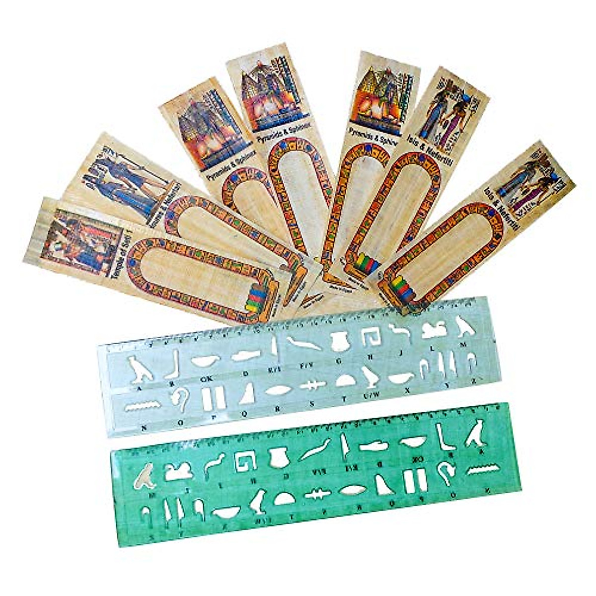 6 Egyptian Pharaoh Papyrus Blank Bookmarks Book Marks Book Mark + 2 Plastic Stencil Ruler Write Your Name Papyri Hieroglyphic Hieroglyphics Alphabet History Teaching Educational Set Art Scrapbooking