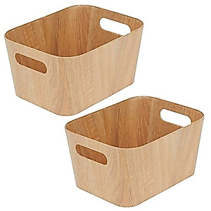 mDesign Wood Print Food Bin Box with Handles - Rustic Basket for Kitchen and Pantry Vegetable and Potato Storage - Perfect for Garlic, Onions, Fruit, and More - 12" Long - 2 Pack - Natural