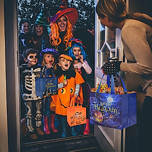 AhfuLife 6 Pcs Halloween Trick or Treat Bags, Halloween Candy Tote Bags with Handles, Reusable Halloween Non-Woven Gift Bags for Halloween Party Supplies Favors (7.8×7.8×5.9’’)